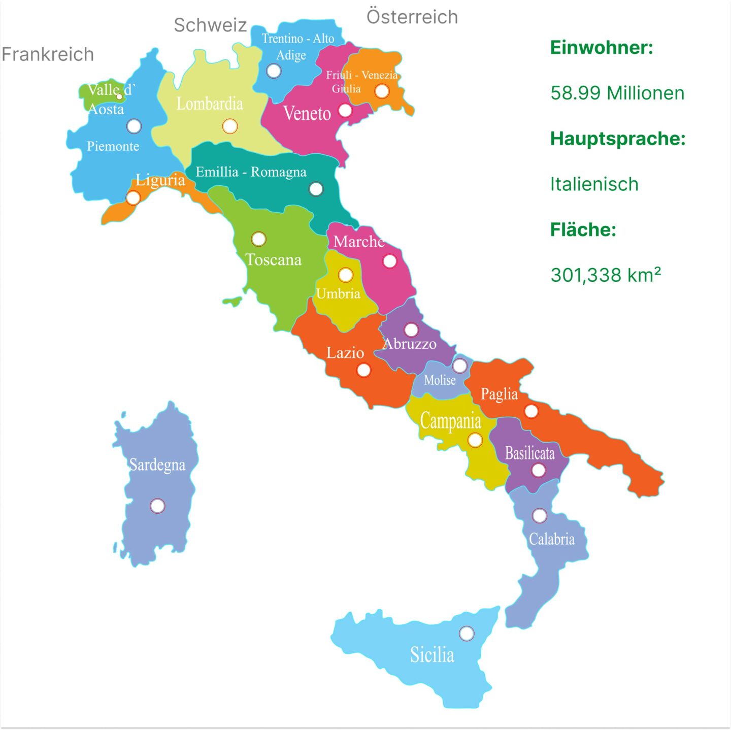 Regionen Italiens alle 20 Regionen mit Flagge auf einen Blick